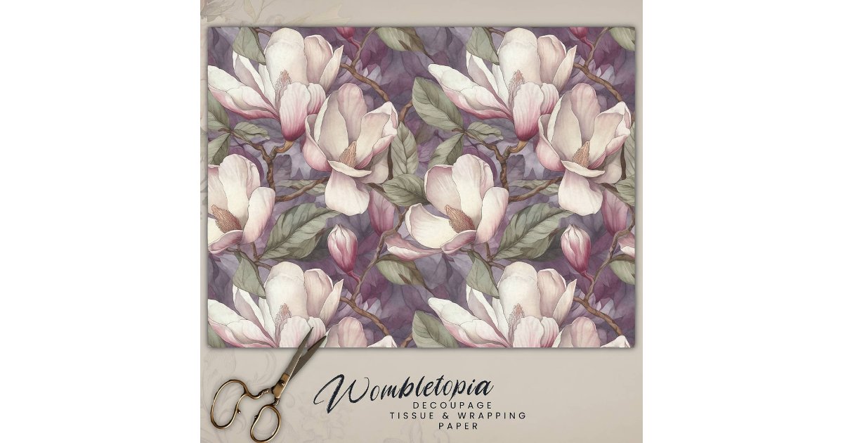 Elegant Magnolia Floral Pink on Purple Tissue Paper | Zazzle