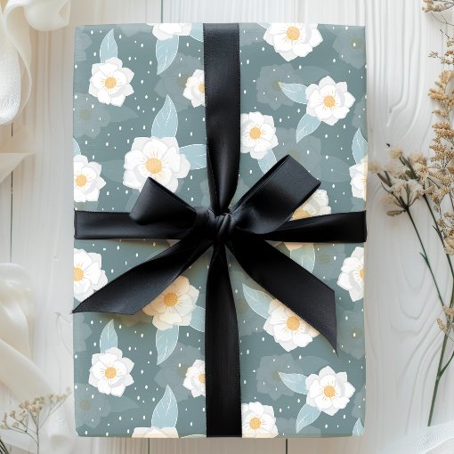 Elegant Magnolia Floral White Polka Dot Wrapping Paper | Zazzle