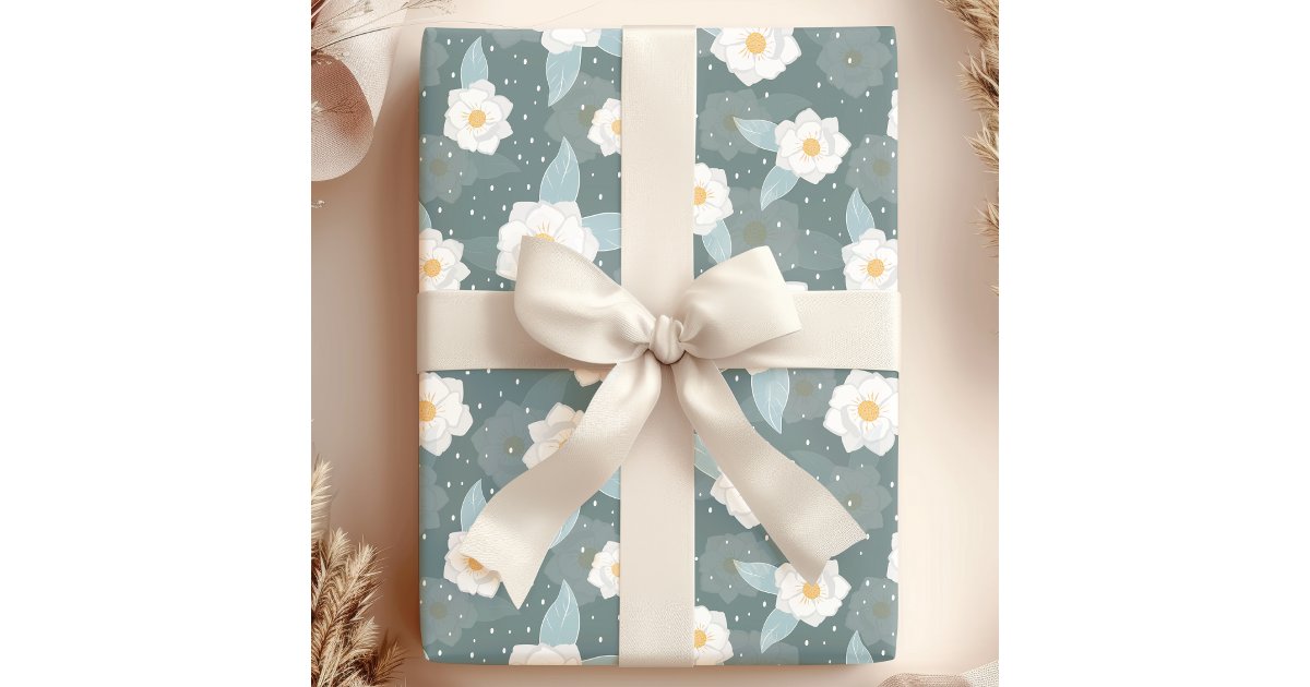 Elegant Magnolia Floral White Polka Dot Wrapping Paper | Zazzle