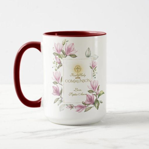 Elegant Magnolia Flowers Gold First Holy Communion Mug | Zazzle