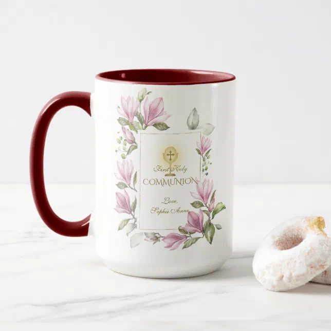 Elegant Magnolia Flowers Gold First Holy Communion Mug | Zazzle