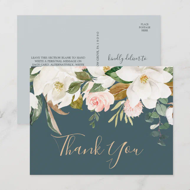 Elegant Magnolia Teal and White Thank You Postcard | Zazzle