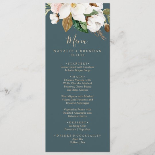 Elegant Magnolia Teal & White Wedding Dinner Menu | Zazzle.com