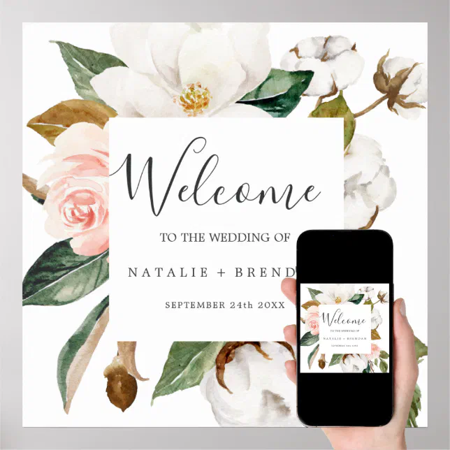 Elegant Magnolia | White and Blush Welcome Wedding Poster | Zazzle