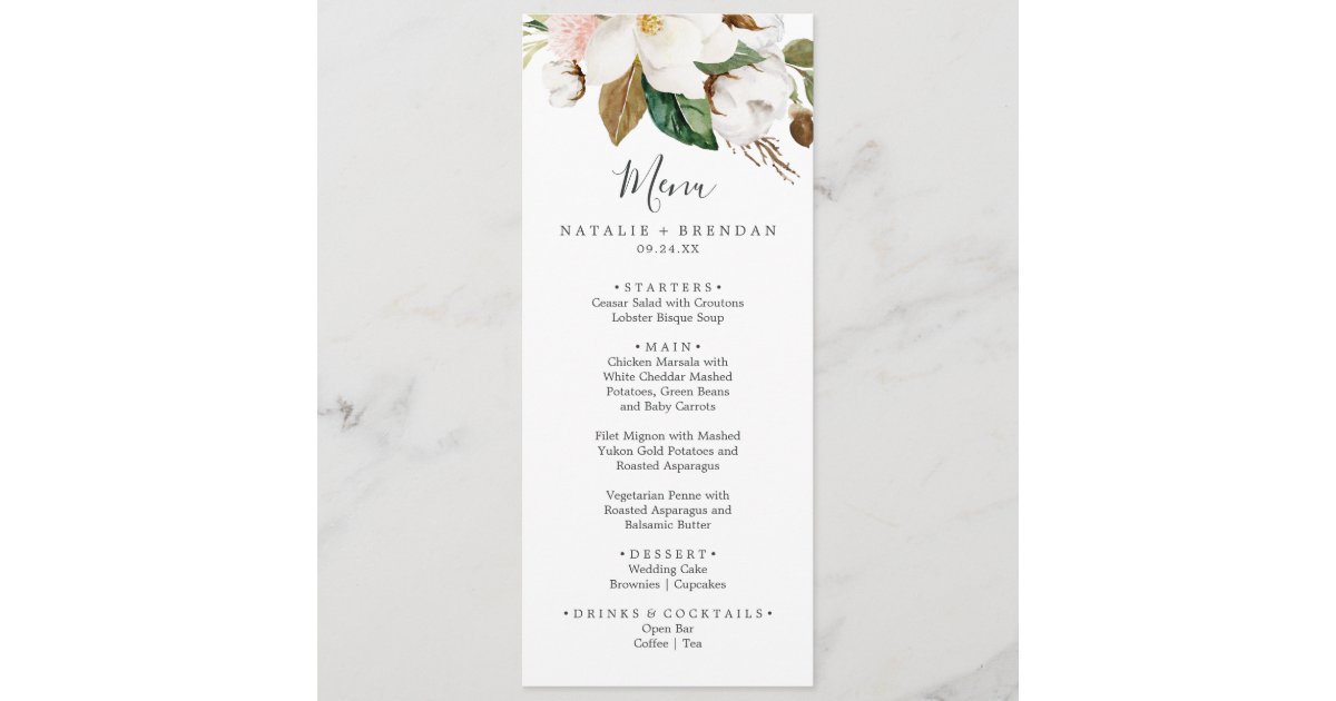 Elegant Magnolia White & Blush Wedding Dinner Menu | Zazzle