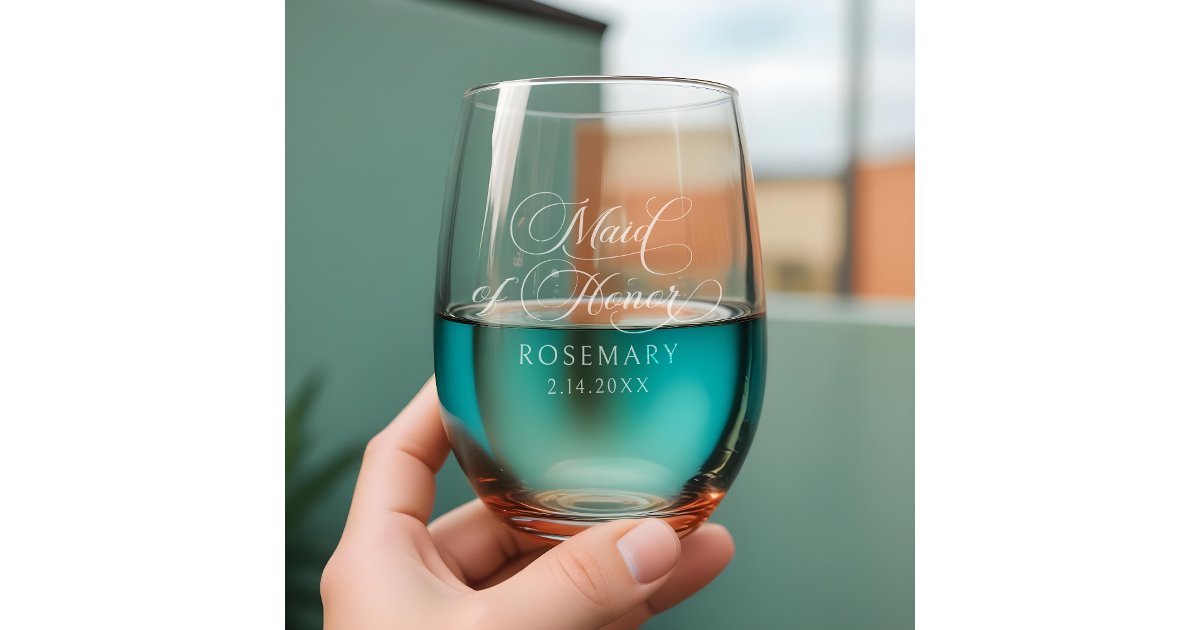 Elegant Maid of Honor Calligraphy Script Stemless Wine Glass | Zazzle
