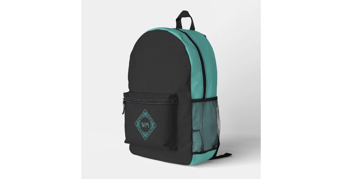 Elegant Manly Black & Teal Art Deco Add Monogram Printed Backpack | Zazzle
