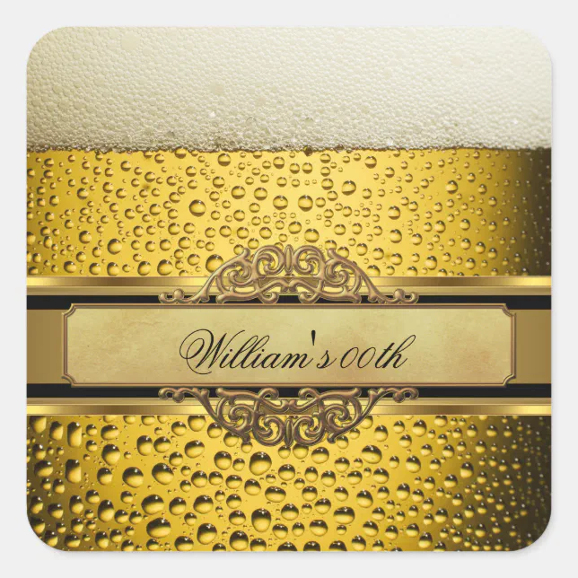 Elegant Mans Beer Black Gold Birthday Party Mens Square Sticker | Zazzle