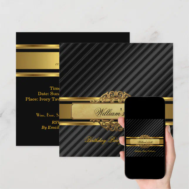 Elegant Mans Black Gold Birthday Party Mens Invitation | Zazzle