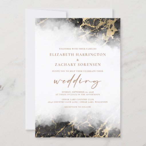Elegant Marble Black Gold Wedding Invitation | Zazzle