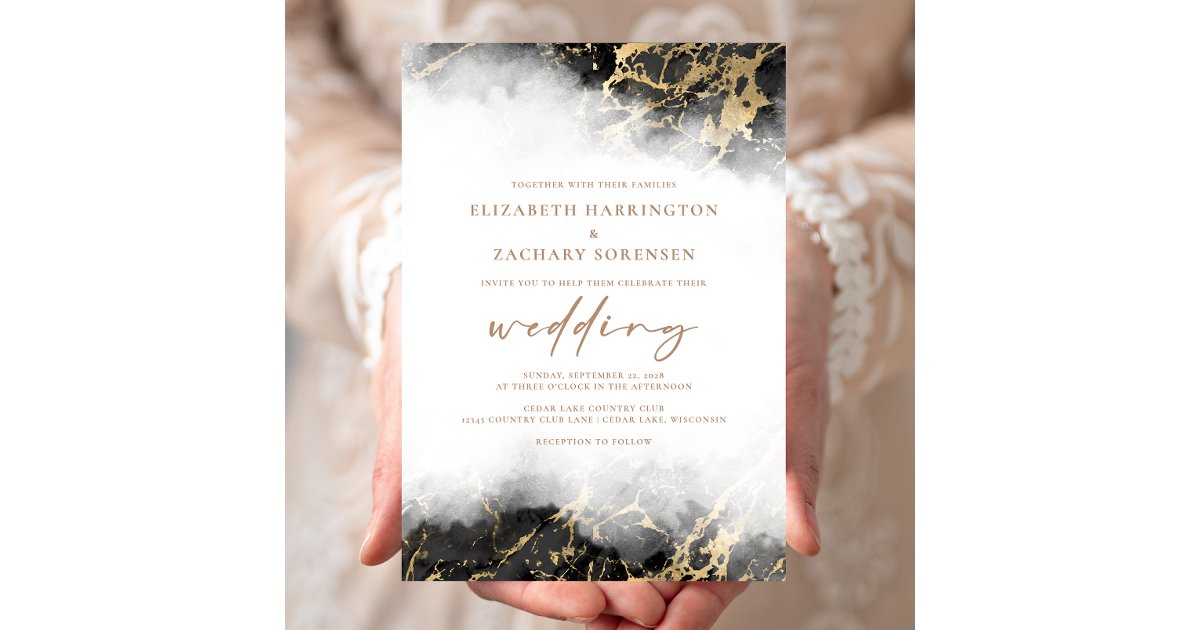 Elegant Marble Black Gold Wedding Invitation | Zazzle