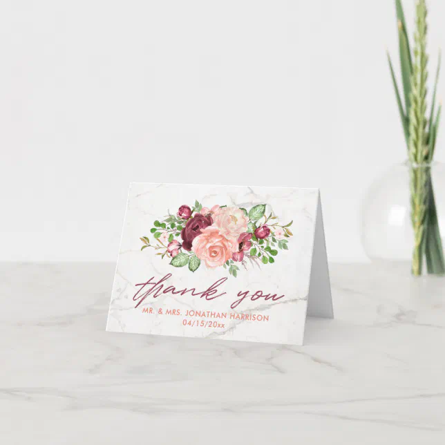 Elegant Marble Burgundy Mauve Peach Thank You | Zazzle