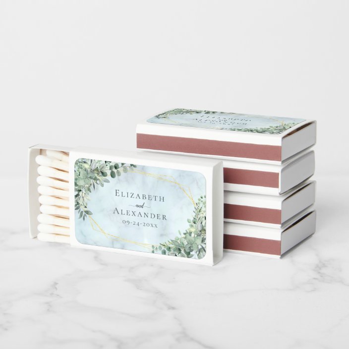 Elegant Marble Eucalyptus Dusty Blue Wedding Matchboxes | Zazzle.com