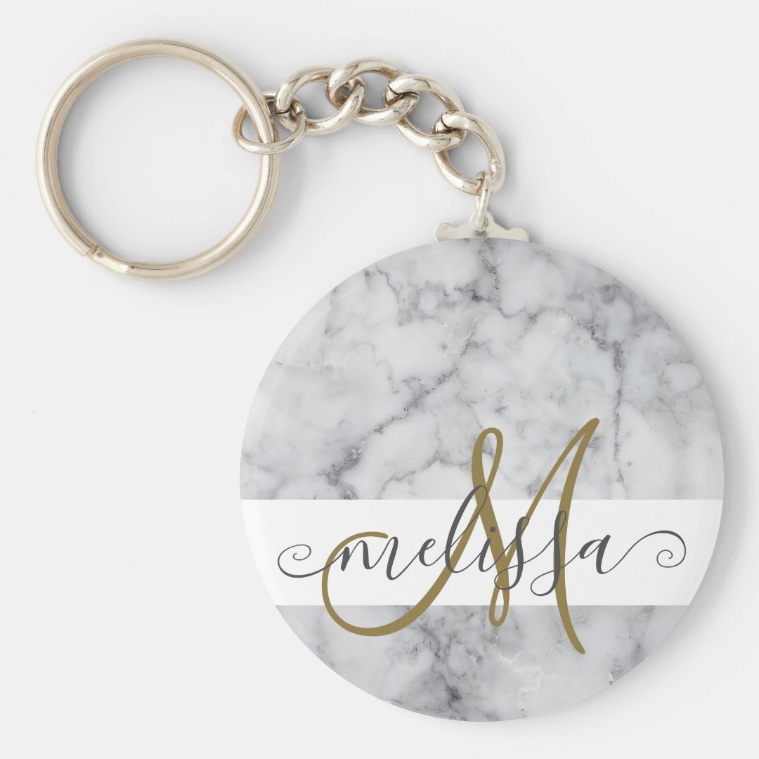 Elegant Marble Gold Monogram Script Name Keychain | Zazzle