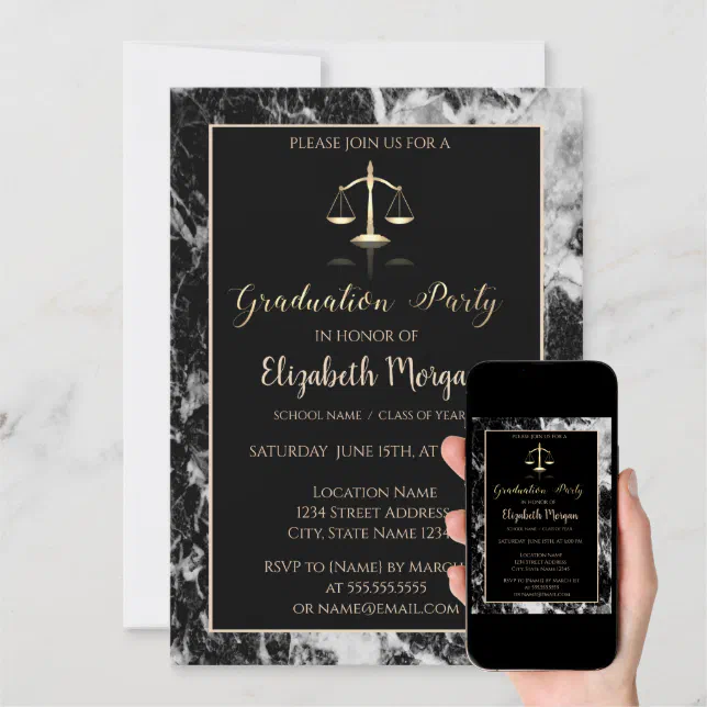 Elegant Marble Law School Graduation Party Invitation | Zazzle