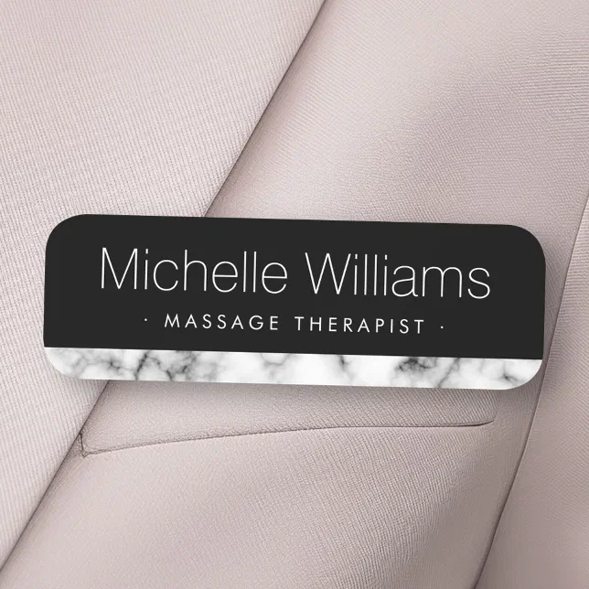 Elegant marble look border black name tag | Zazzle