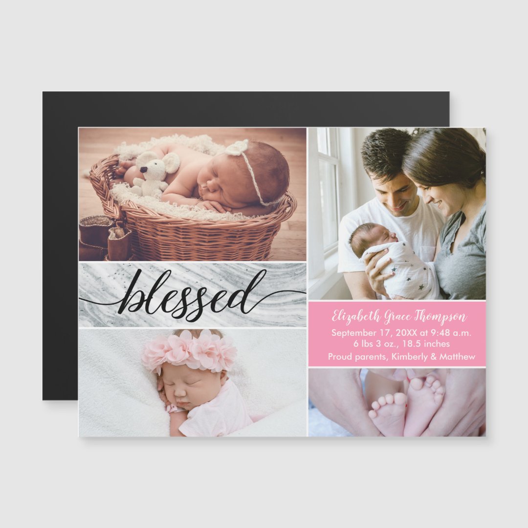 Elegant Marble Pink Blessed Script Baby Girl Photo Magnetic Invitation ...
