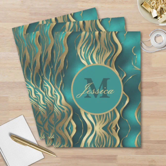 Elegant Marble Turquoise Blue Teal Green Monogram Pocket Folder | Zazzle