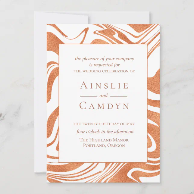 Elegant Marbled Copper Wedding Invitation | Zazzle