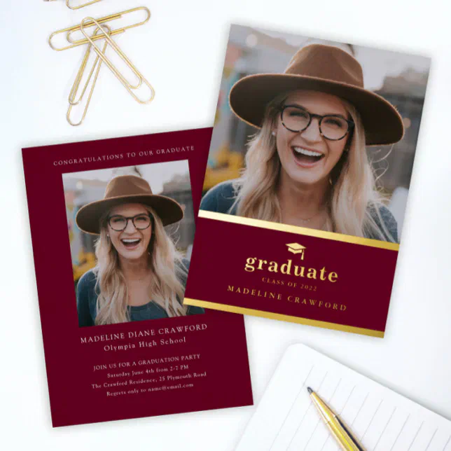 Elegant Maroon and Gold Photo Graduation Foil Invitation | Zazzle
