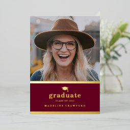 Elegant Maroon and Gold Photo Graduation Foil Invitation | Zazzle