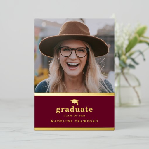 Elegant Maroon and Gold Photo Graduation Foil Invitation | Zazzle