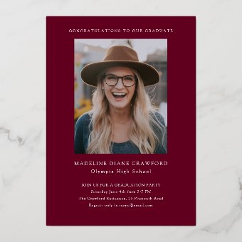 Elegant Maroon and Gold Photo Graduation Foil Invitation | Zazzle