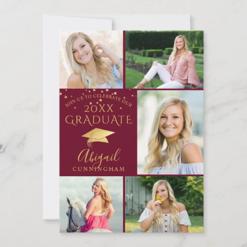 Elegant Maroon Burgundy Gold 5 Photo Graduate Invitation | Zazzle