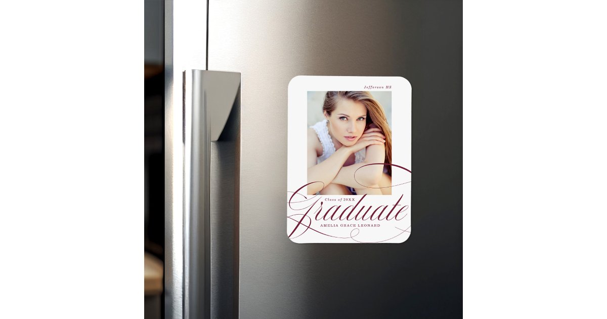 Elegant Maroon Calligraphy Script Photo Graduation Magnet | Zazzle