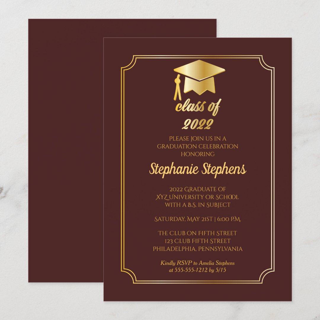 Elegant Maroon | Gold Cap College Graduation Party Invitation | Zazzle