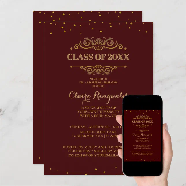 Elegant Maroon Gold Class of 2018 Graduation Party Invitation | Zazzle