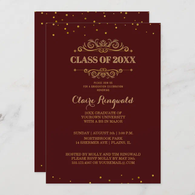 Elegant Maroon Gold Class of 2018 Graduation Party Invitation | Zazzle