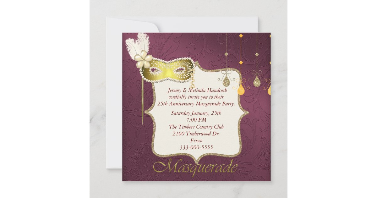 Elegant Maroon & Gold Masquerade Party Invitation | Zazzle