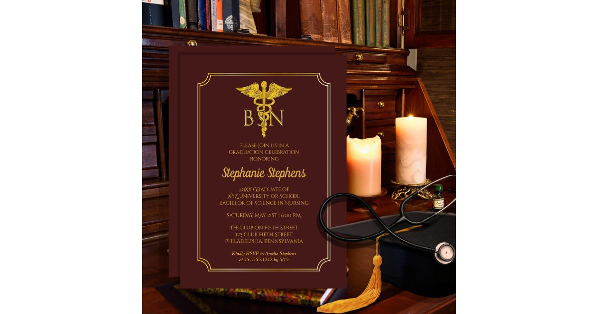 Elegant Maroon | Gold Nurse BSN Graduation Party Invitation | Zazzle
