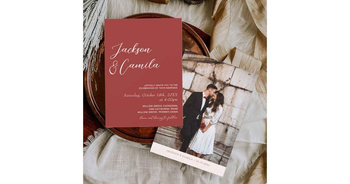 Elegant Maroon Photo Wedding Invitation | Zazzle