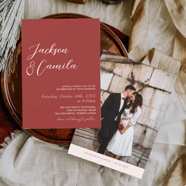 Elegant Maroon Photo Wedding Invitation | Zazzle