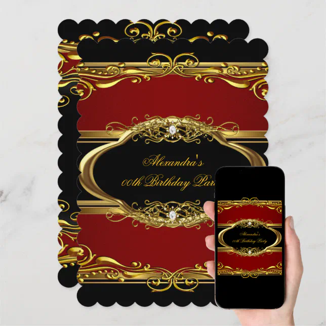 Elegant Maroon Red Black Gold Birthday Party Invitation | Zazzle