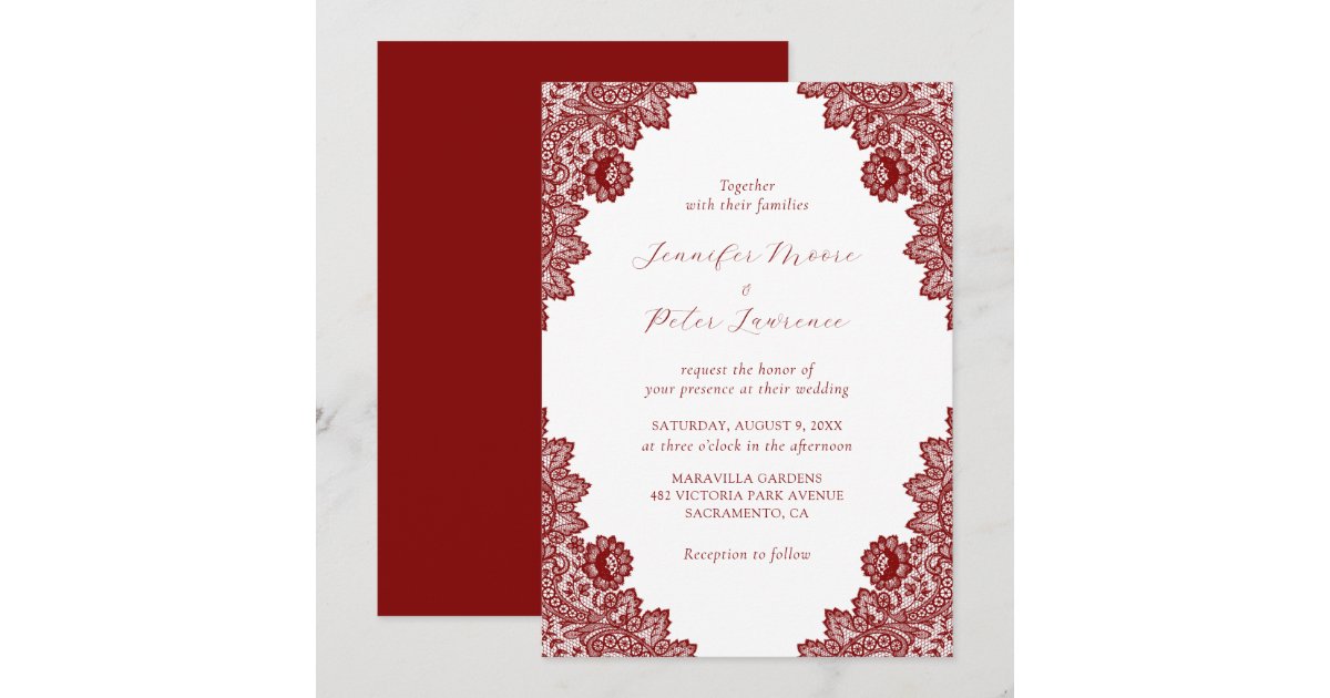Elegant Maroon Red Lace Wedding Invitation | Zazzle