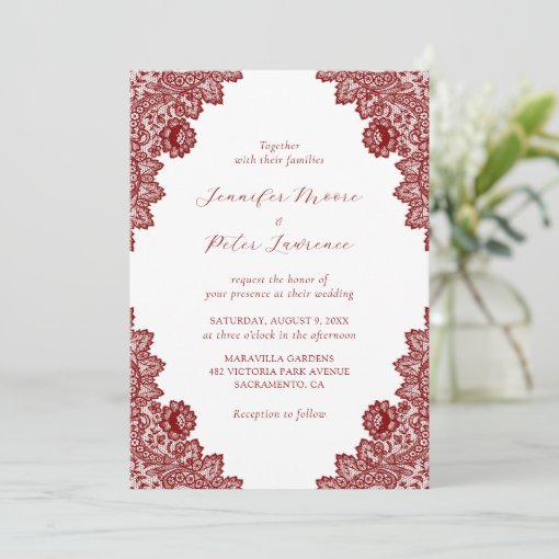 Elegant Maroon Red Lace Wedding Invitation | Zazzle