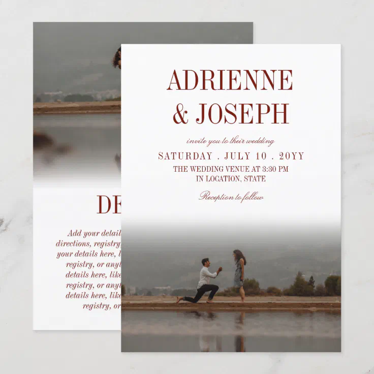 Elegant Maroon Text 2 in 1 Photo Wedding Invitation | Zazzle