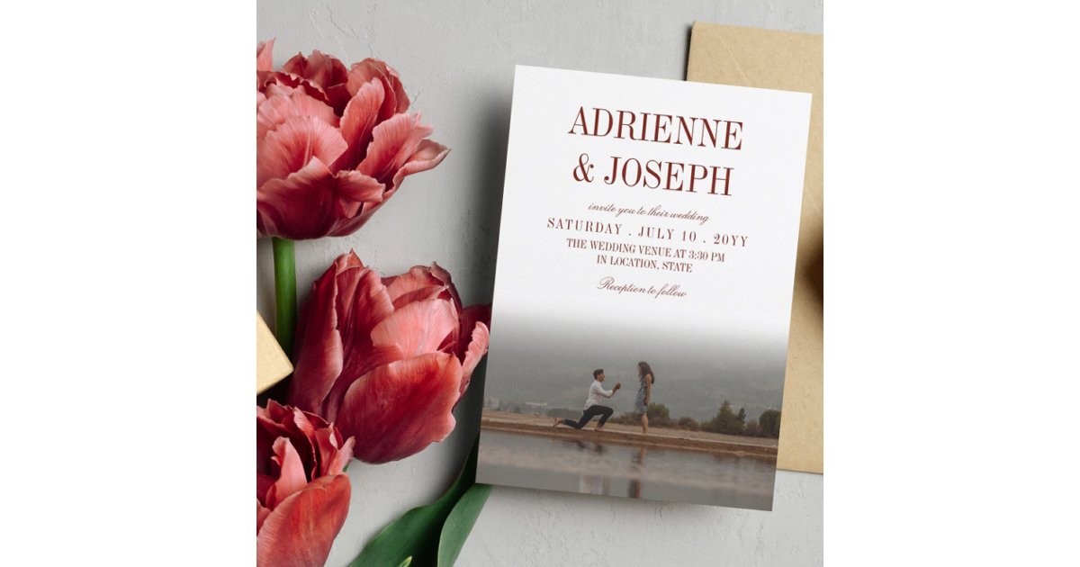 Elegant Maroon Text 2 in 1 Photo Wedding Invitation | Zazzle