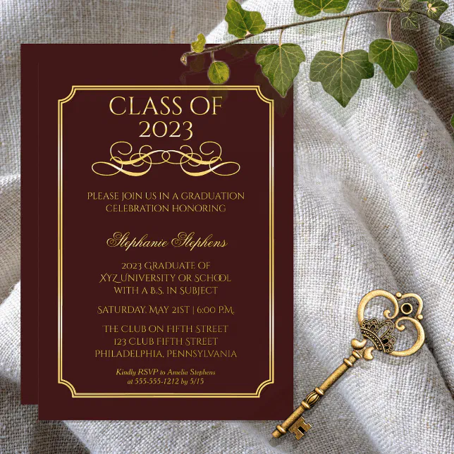 Elegant Maroon University Graduation Party Gold Foil Invitation | Zazzle
