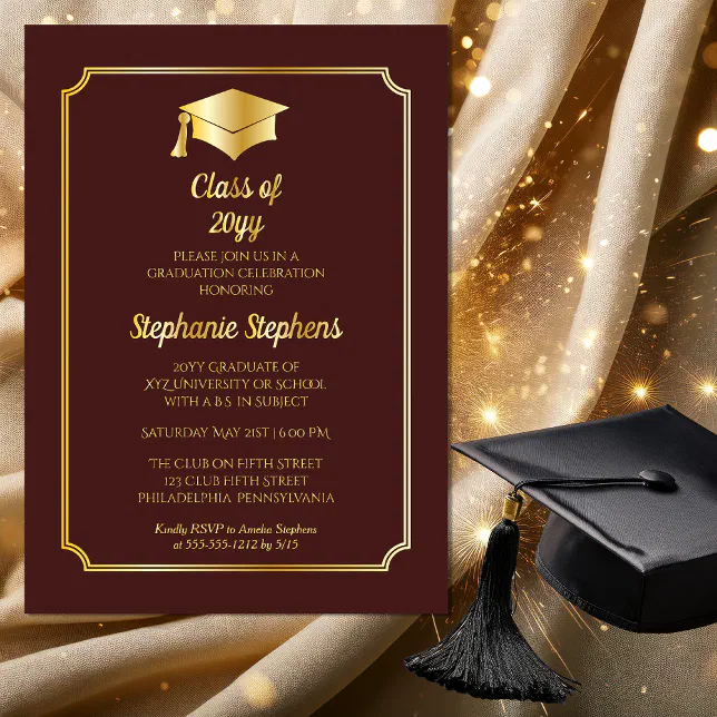 Elegant Maroon University Graduation Party Gold Foil Invitation | Zazzle