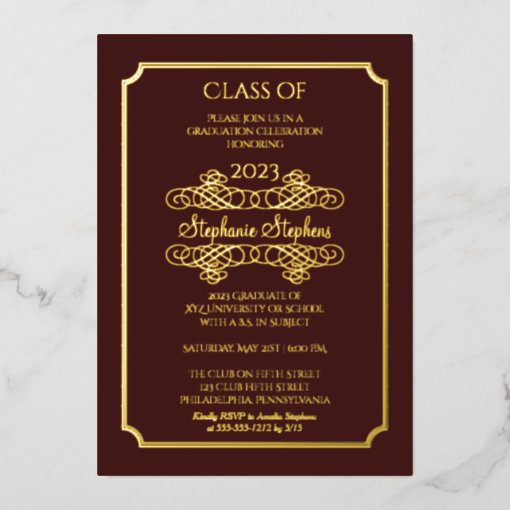 Elegant Maroon University Graduation Party Gold Foil Invitation | Zazzle