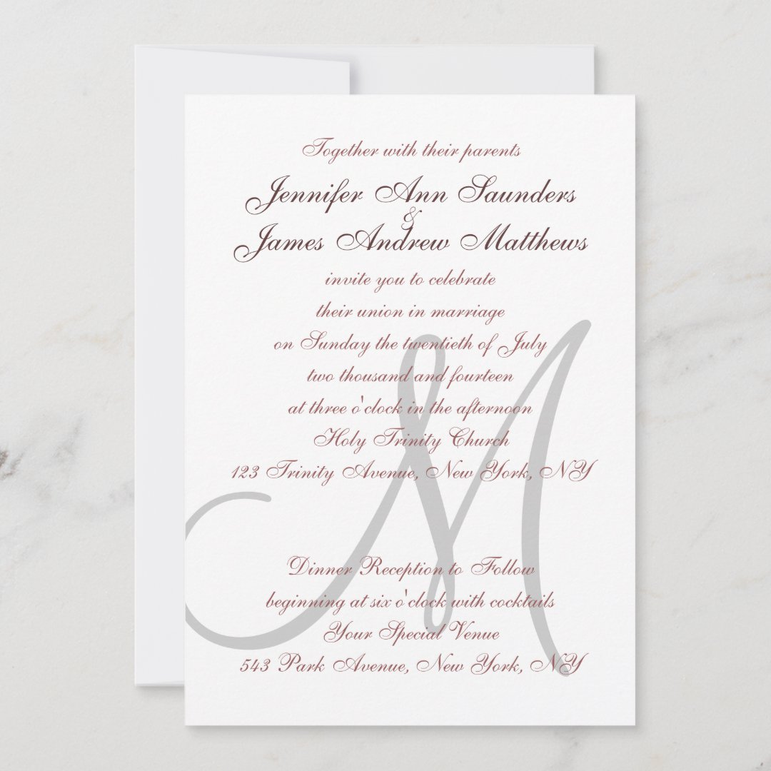 Elegant Marsala Grey Wedding Invitations Initial | Zazzle