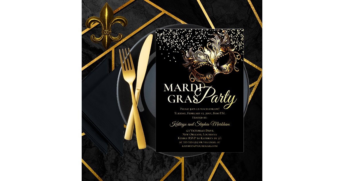 Elegant Masquerade Mask Mardi Gras Party Foil Invitation | Zazzle