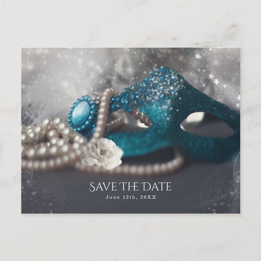 Elegant Masquerade Mask & Pearls Save the Date Announcement Postcard ...