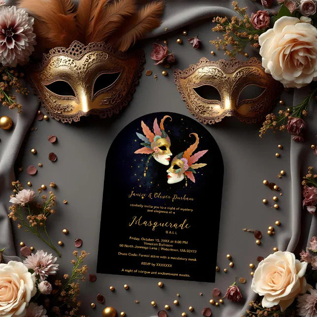 Elegant Masquerade Masks with Gold Effect Accents Invitation | Zazzle
