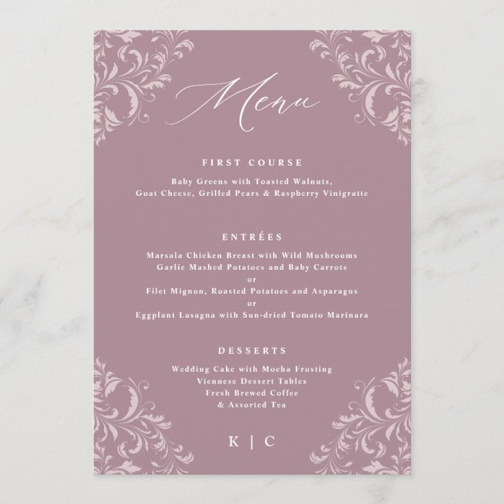 Elegant Mauve Dusty Rose Vintage Wedding Menus | Zazzle