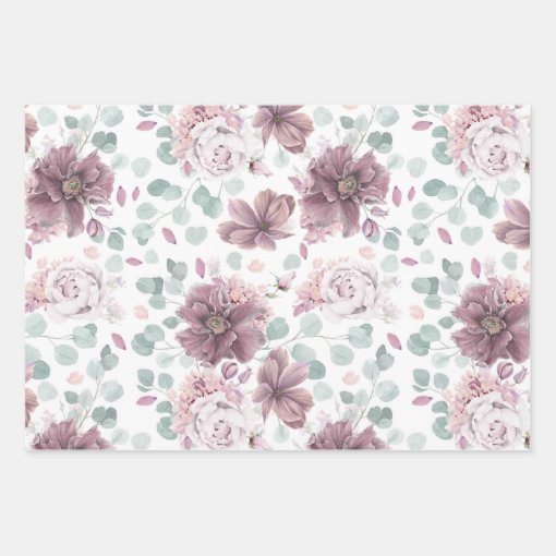 Elegant Mauve Flowers and Leaves Botanical Pattern Wrapping Paper ...